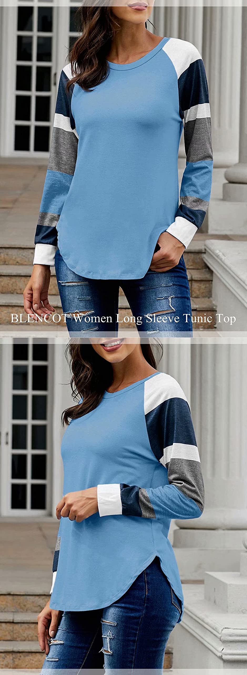 BLENCOT Womens Plus Size Winter Long Sleeve Tunics Tops Color Block Casual Lightweight Blue Sweatshirts Pullover (US18-20) XX-Large