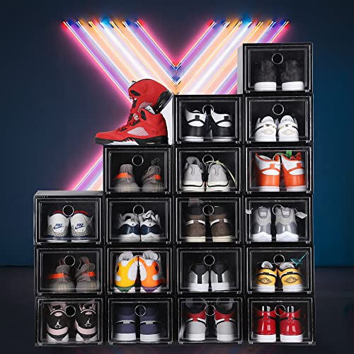 MUKIRAN HOME 12 Pack Shoe Storage Boxes, Shoe Box Clear Plastic Stackable, Drawer Type Front Opening Shoe Holder Containers (Black)
