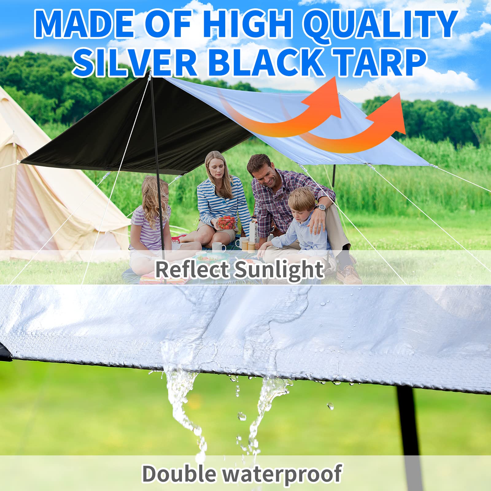 CAMPMAC Lightweight Camping Tarp Set, (10 Ftx13 Ft) - with 2 Heavy Duty Poles, Hammock Tarp, Hammock Tent, Rain Tarp for Used with Car, Tent and Hammock in Camping - (Silver/Black)