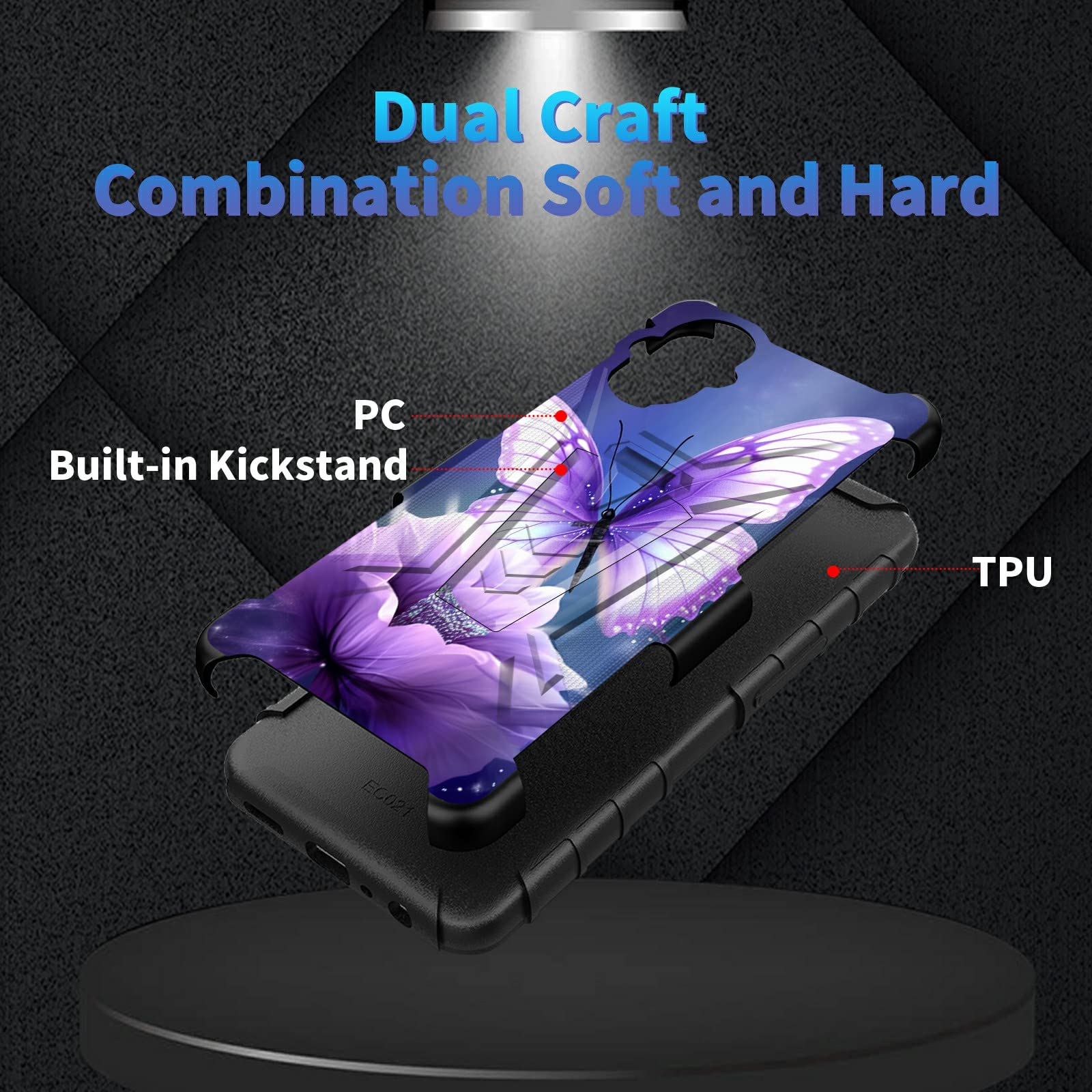 BREIDMKFM Case for OnePlus Nord N20 5G, with Tempered Glass Screen Protector Heavy Duty Built-in Kickstand Shockproof Phone Case for OnePlus Nord N20 5G 2022, Purple Butterfly Flower