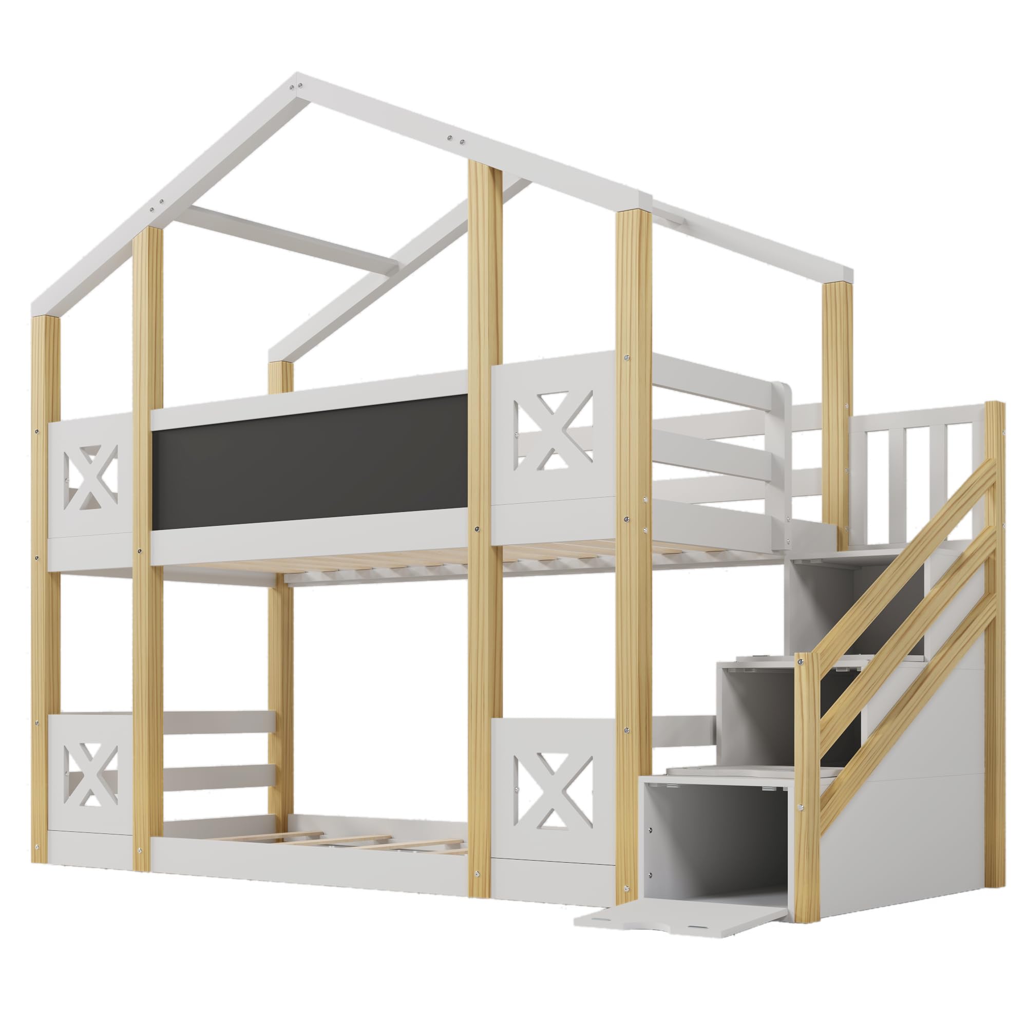 Harper & Bright Designs Twin Over Twin Floor Bunk Bed with Stairs, Wood House Bunk Bed Frame with Storage Staircase and Blackboards, for Kids Girls Boys, White and Natural