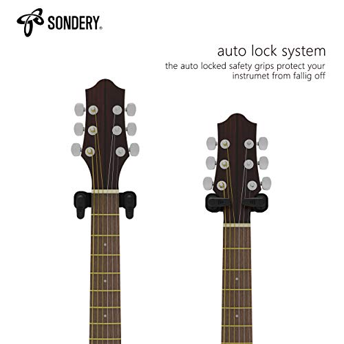 Sondery Guitar Wall Mount Hanger, Auto Lock and Adjustable Hook Holder for Acoustic and Electric Guitar, Ukulele, Bass, Banjo and Mandolin