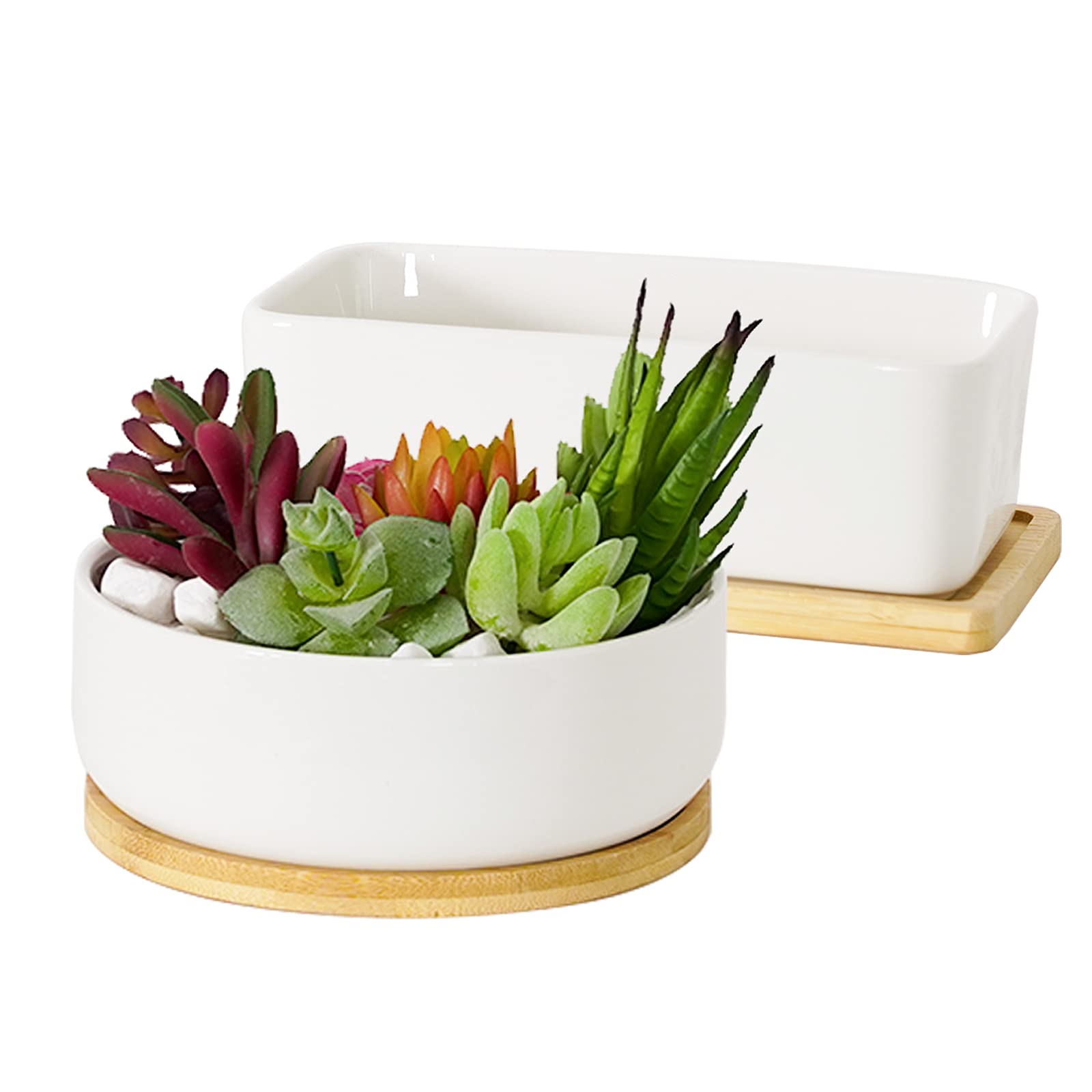 Fengson Succulent Pots, White Ceramic Flower Succulent Planters Pot with Bamboo Tray, 1 Rectangle Flower Pot + 1 Round Flower Pot 6.5" Drainage Hole for Cactus Herb Home