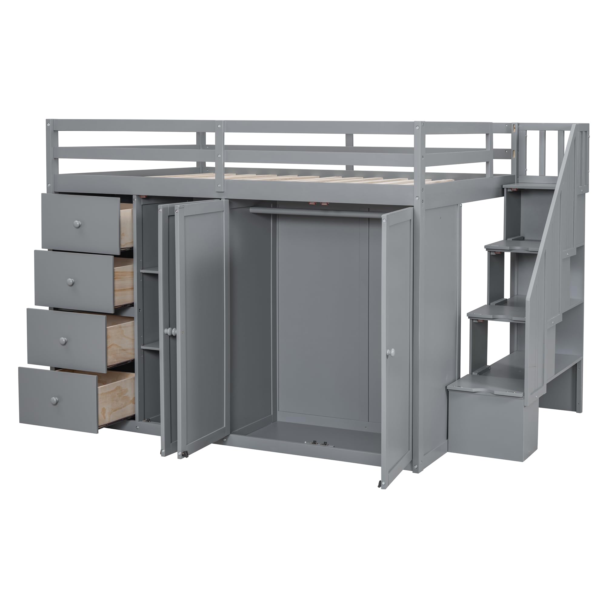 Harper & Bright Designs Full Size Loft Bed with Stairs, Wood Loft Bed with 2 Wardrobes, Full Loft Bed with Storage Drawers and Cabinet, High Loft Bed Frame for Kids Teens Adults, Grey