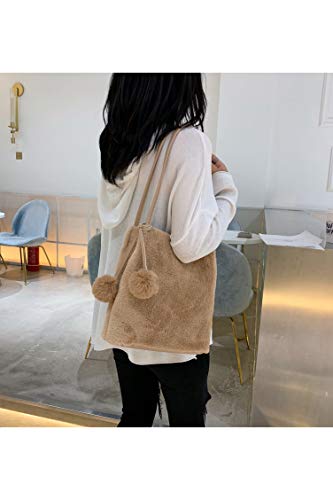 Ulisty Women Autumn Winter Small Faux Fur Shoulder Bag Fluffy Bucket Bag Plush Handbag khaki