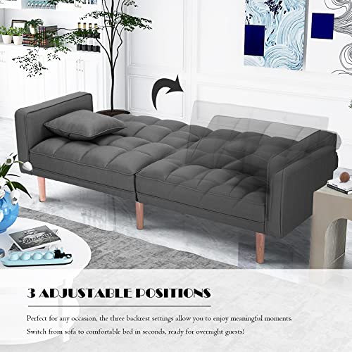 SoarFlash Modern Upholstered Convertible Futon Sofa Bed, Mid-Century Fabric Multi-Function Loveseat Sofa Twith 3 Adjustable Backrests and 5 Solid Wooden Legs (Deep Grey)