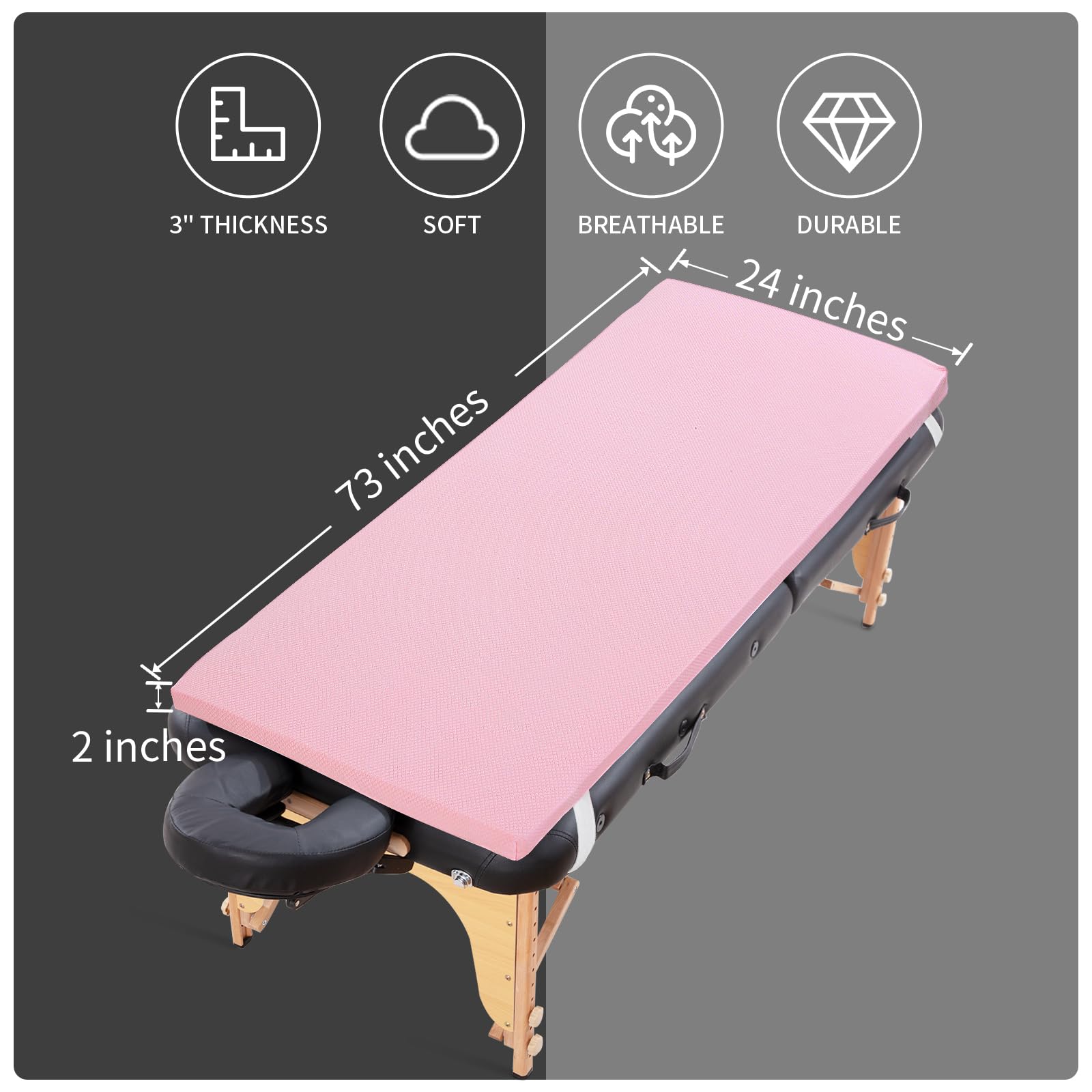 HOMBYS Memory Foam Massage Bed Mattress Topper with Removable Cover, Pink Massage Table Topper with Elastic Bands, Non-Slip Lash Bed Cushion Only (Bed Not Included)