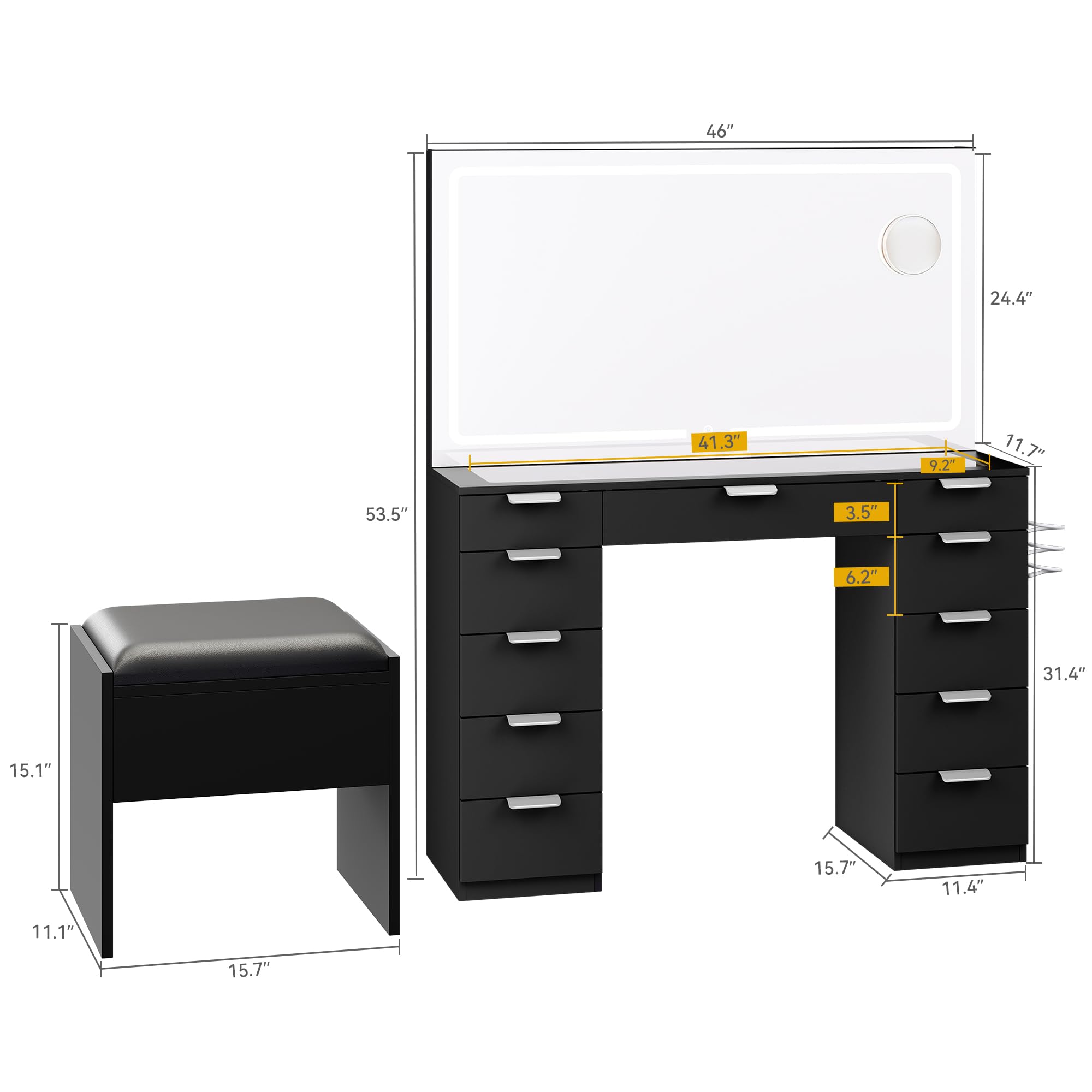 DWVO Vanity with LED-Lit Mirror & Electrical Socket, Cosmetic Vanity Station with 11 Compartments and Magnifier, 46'' Dressing Table with Seating Storage for Bedroom