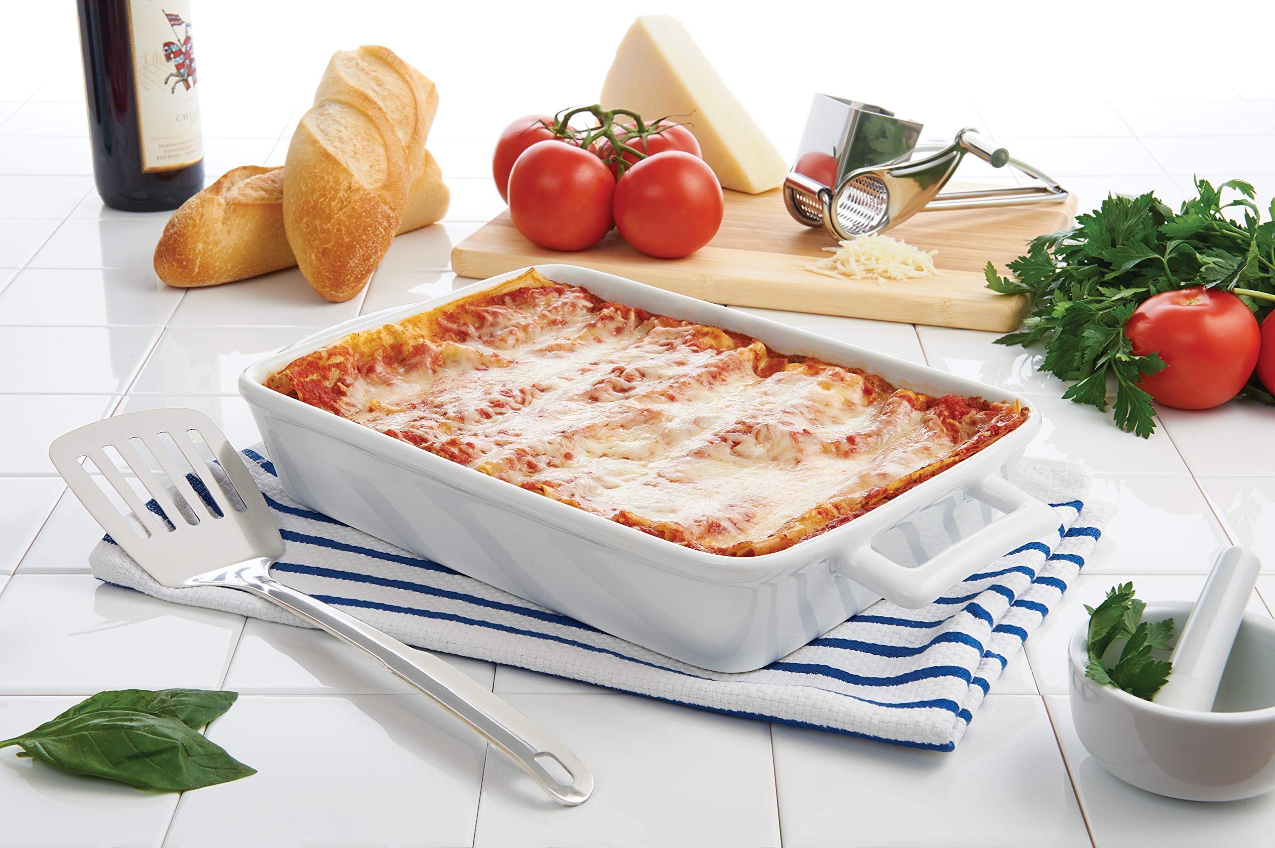 HIC Kitchen Rectangular Lasagna Pan with Handles, Fine White Porcelain, 13 x 9 x 2.5-Inches