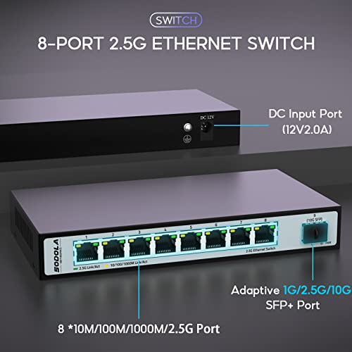 SODOLA 8 Port 2.5G Ethernet Switch with 10G SFP,60Gbps Switching Capacity,Plug & Play/Wall Mountable/Fanless Metal Multi-Gig Unmanaged Network Switch