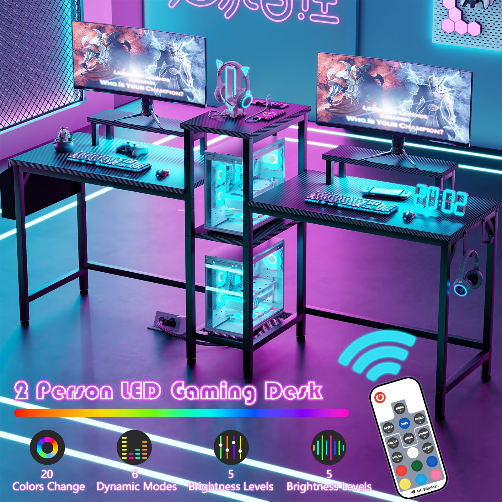Furologee 2 Person Gaming Desk with LED Lights, 71 Inch Computer Desk with Power Outlets and Monitor Stand, Double Desk with Storage Bag and Headphone Hooks, Study Writing Table for Home Office, Black