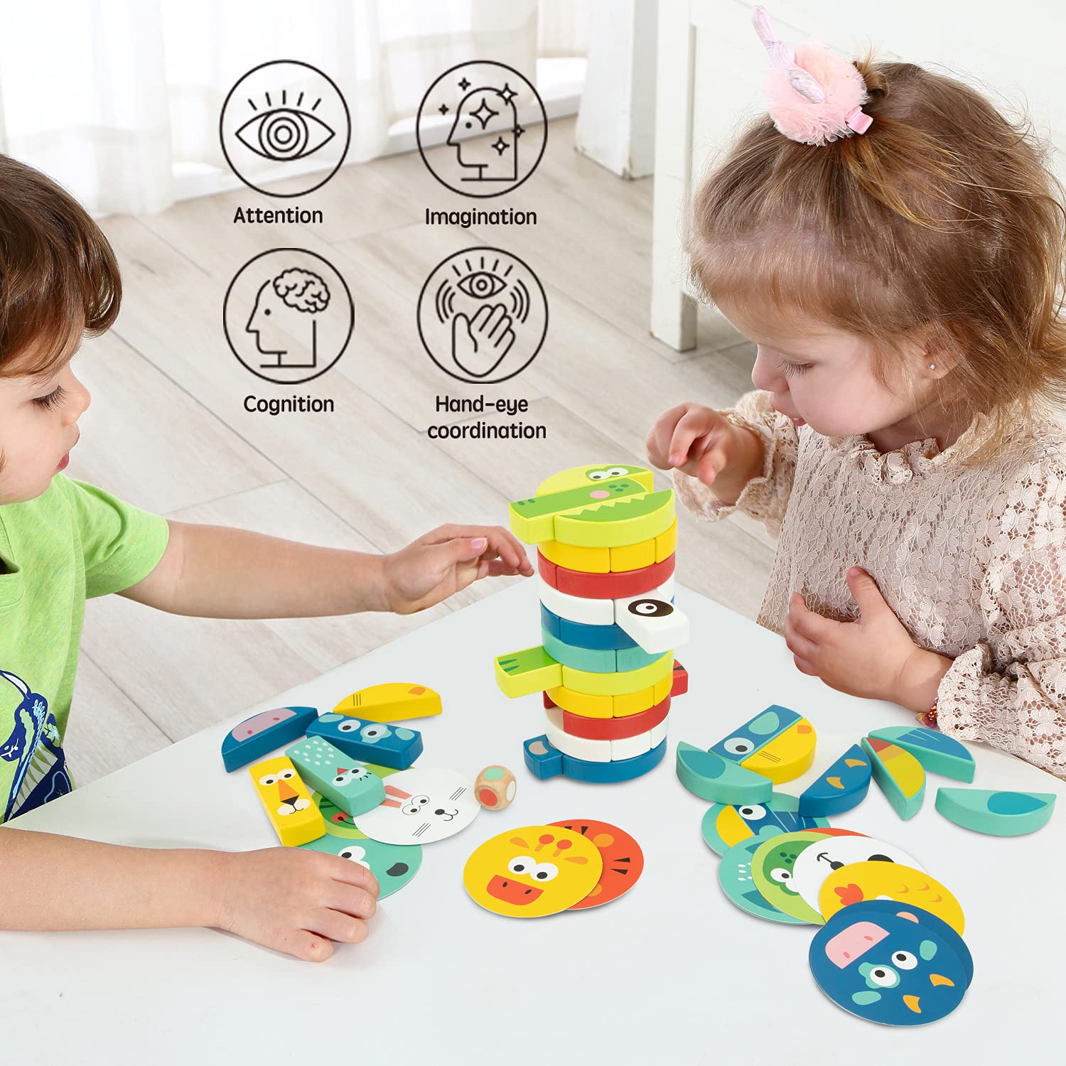 TOOKYLAND Wooden Tumble Tower Game - 61pcs - Stacking Blocks, Animal Cards and Die. Ages 3+