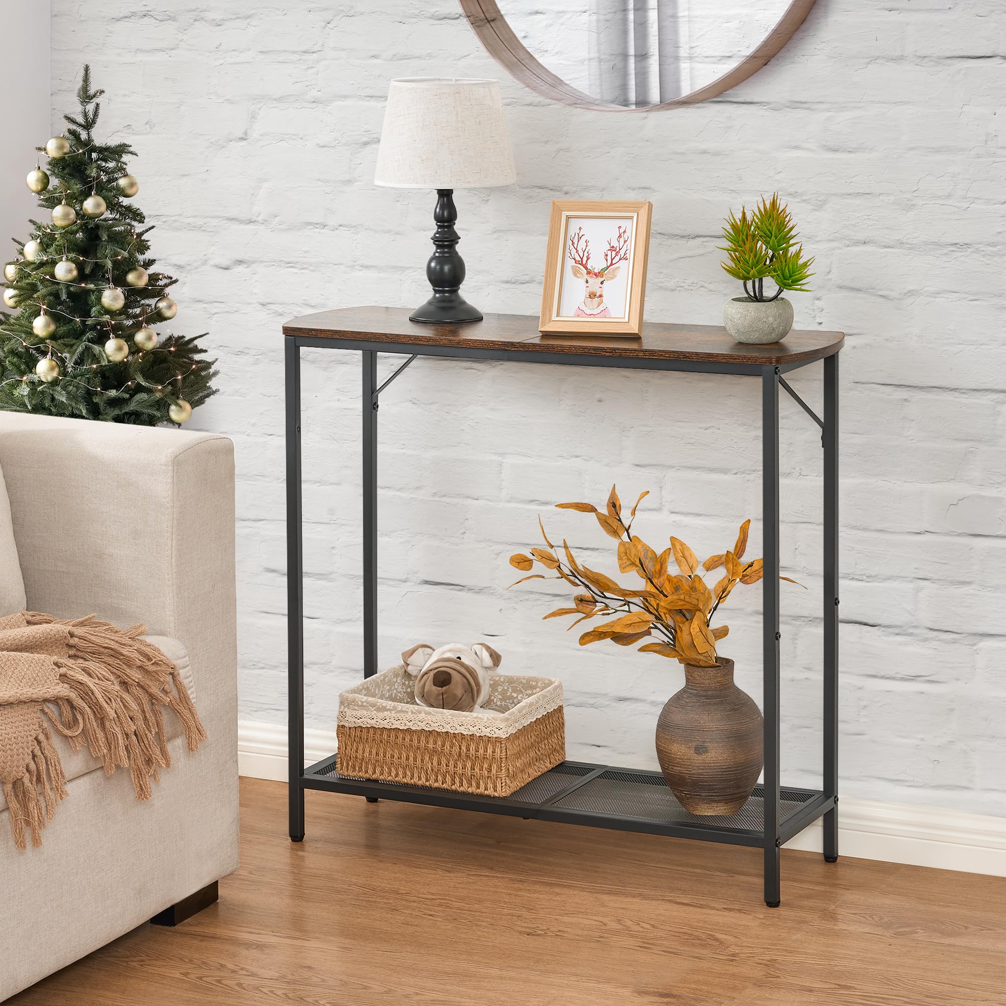 HOMCENES Console Table, Narrow 2-Tier Entryway Table with Storage Shelf, 29.5" Thin Sofa Table, Side Table, Industrial Couch Table, for Hallway, Living Room, Bedroom, Rustic Brown UFG02XG01