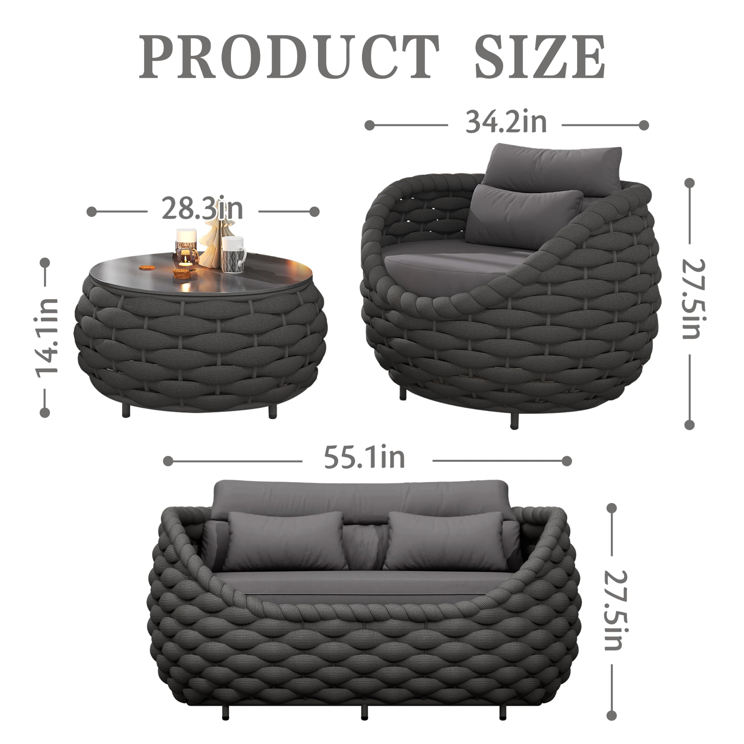 ercimi 4 Pieces Set Aluminum Outdoor&Indoor Sofa, Modern Patio Furniture Set Conversation Set with Soft Cushion and Coffee Table for Balcony Garden,Black