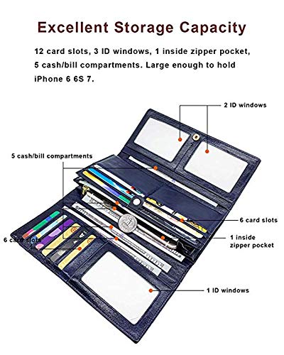 SHUIBIAN Women's RFID Blocking Genuine Leather Clutch Wallet Multi Card Holder Organizer Ladies Purse with Zipper Pocket (blue2)