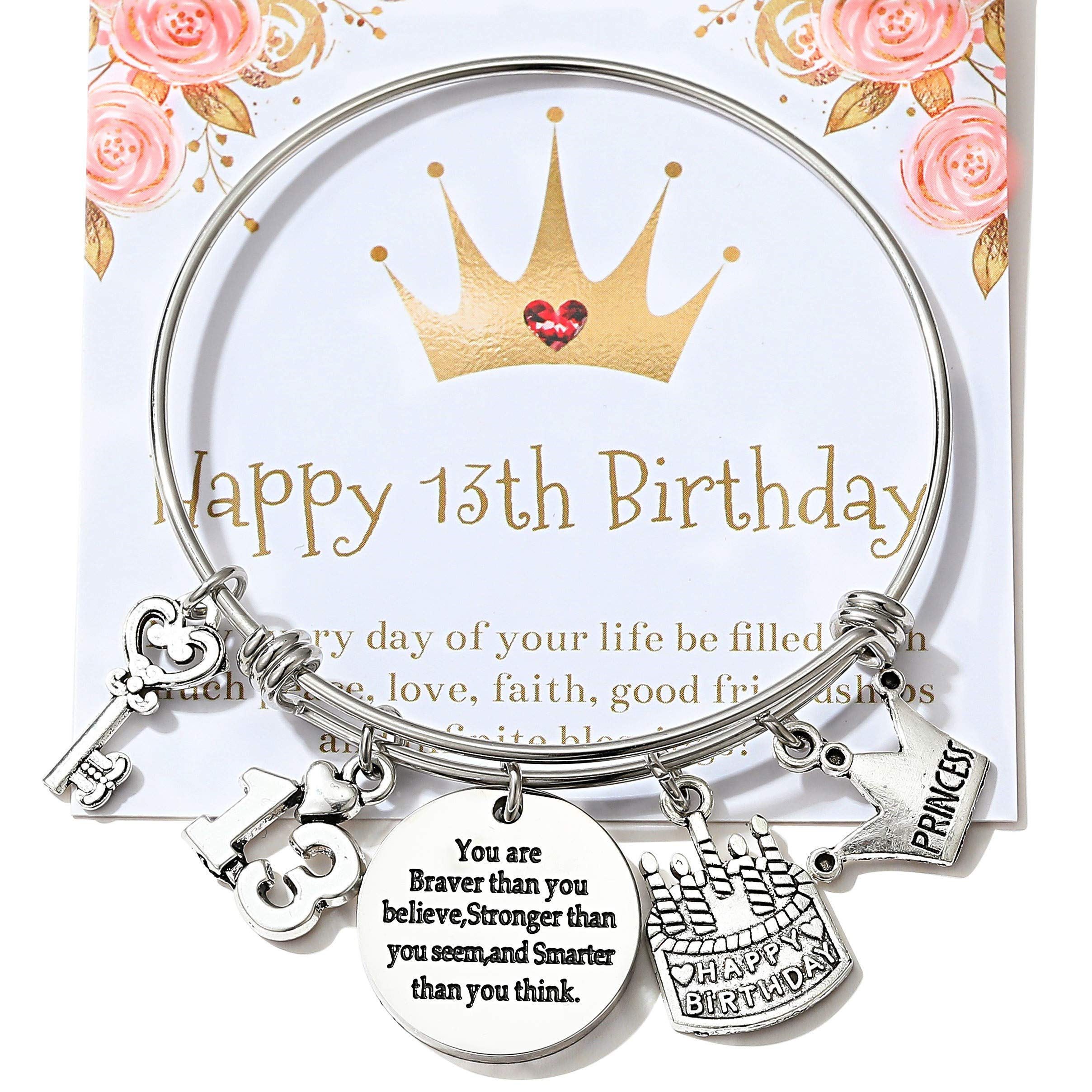 Miss Pink 13th Birthday Jewelry Gifts for Her Stainless Steel Expandable Bangle 13 Year Old Charm Bracelets for Daughter Granddaughter