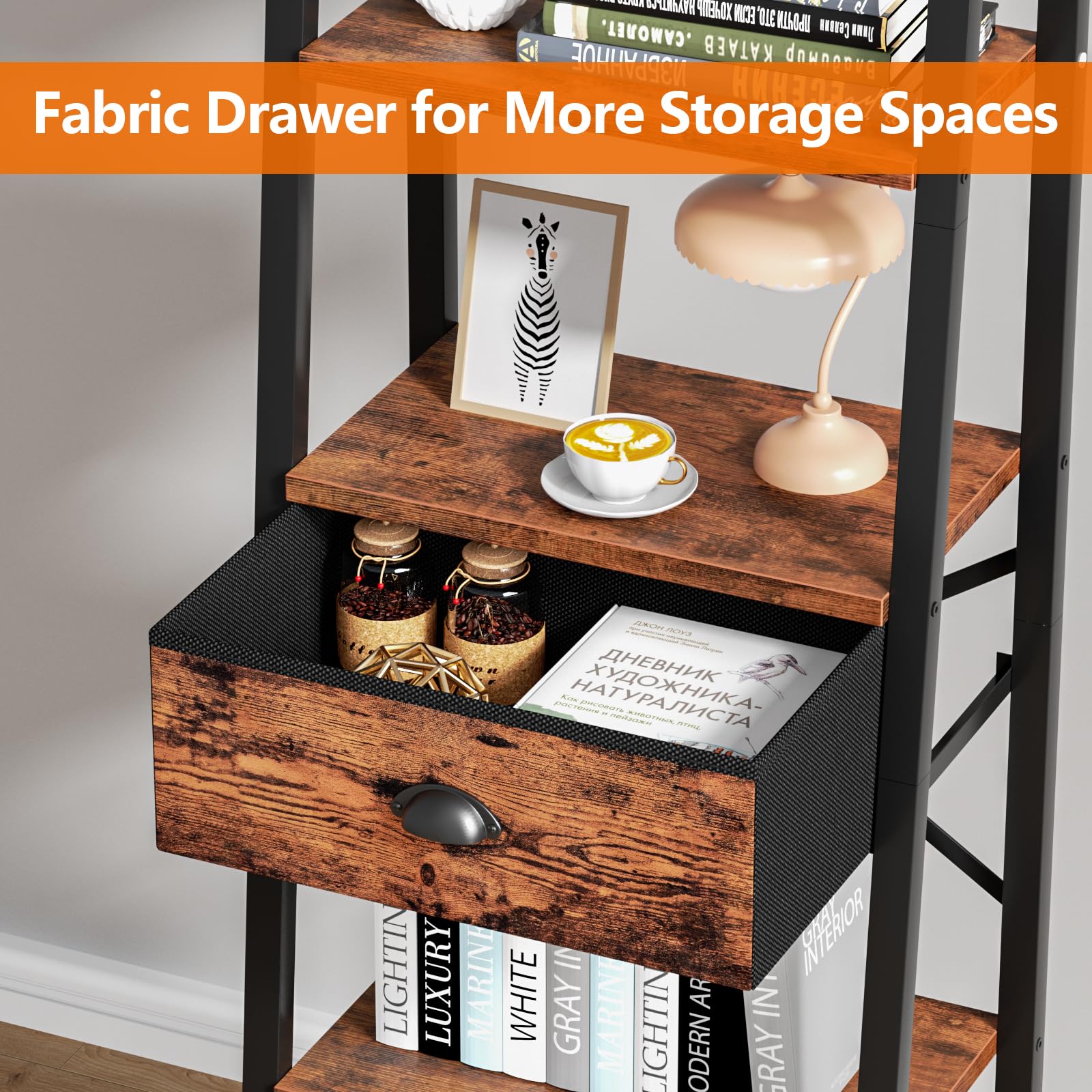 Furologee 4 Tier Ladder Shelf, Narrow Ladder Book Shelf with Drawer, Modern Bookcase Freestanding Shelf Units, Storage Shelves Organizer for Bedroom, Living Room, Bathroom, Home Office, Rustic Brown