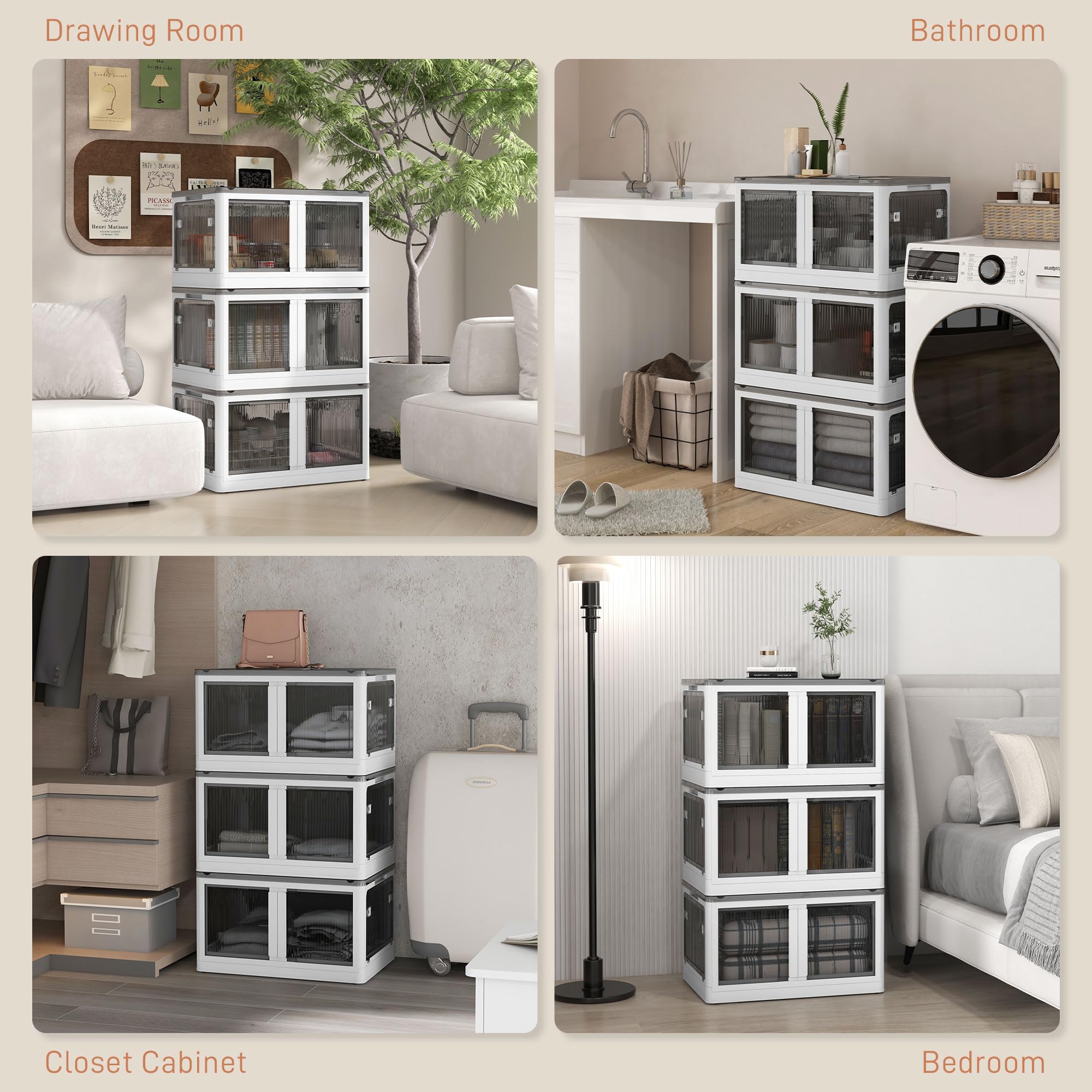 HOMCOM 32 Gal Stackable Storage Bins with Lids, 3 Packs Collapsible Closet Organizers and Storage, Plastic Drawer Storage Container on Wheels with 5-Sided Access, Doors for Blankets, White
