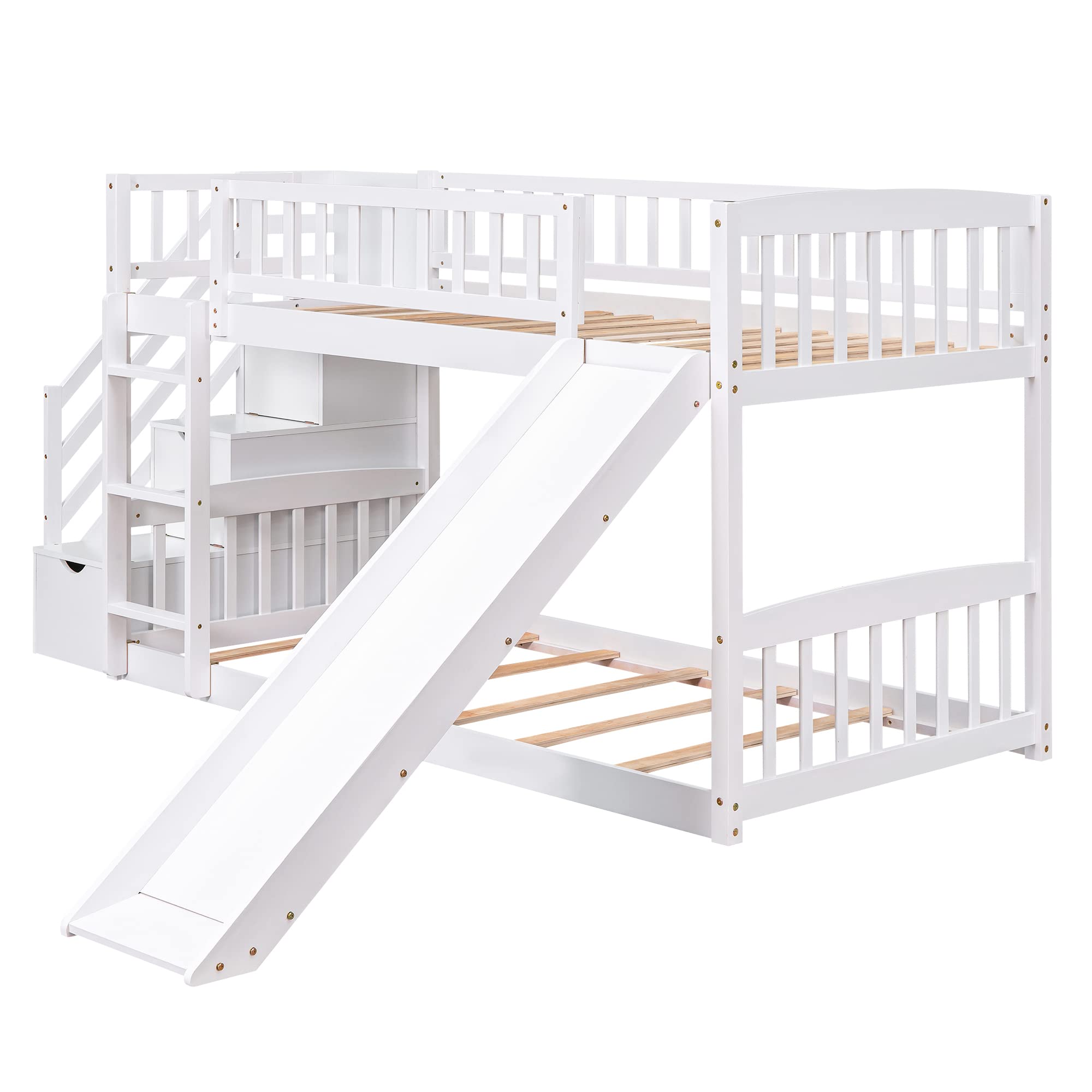 Harper & Bright Designs Twin Over Twin Bunk Bed with Slide and Guardrail, Floor Bunk Bed with Stairway/Two Drawers/Handrail, Space-Saving Bedroom Dormitory Furniture (White)