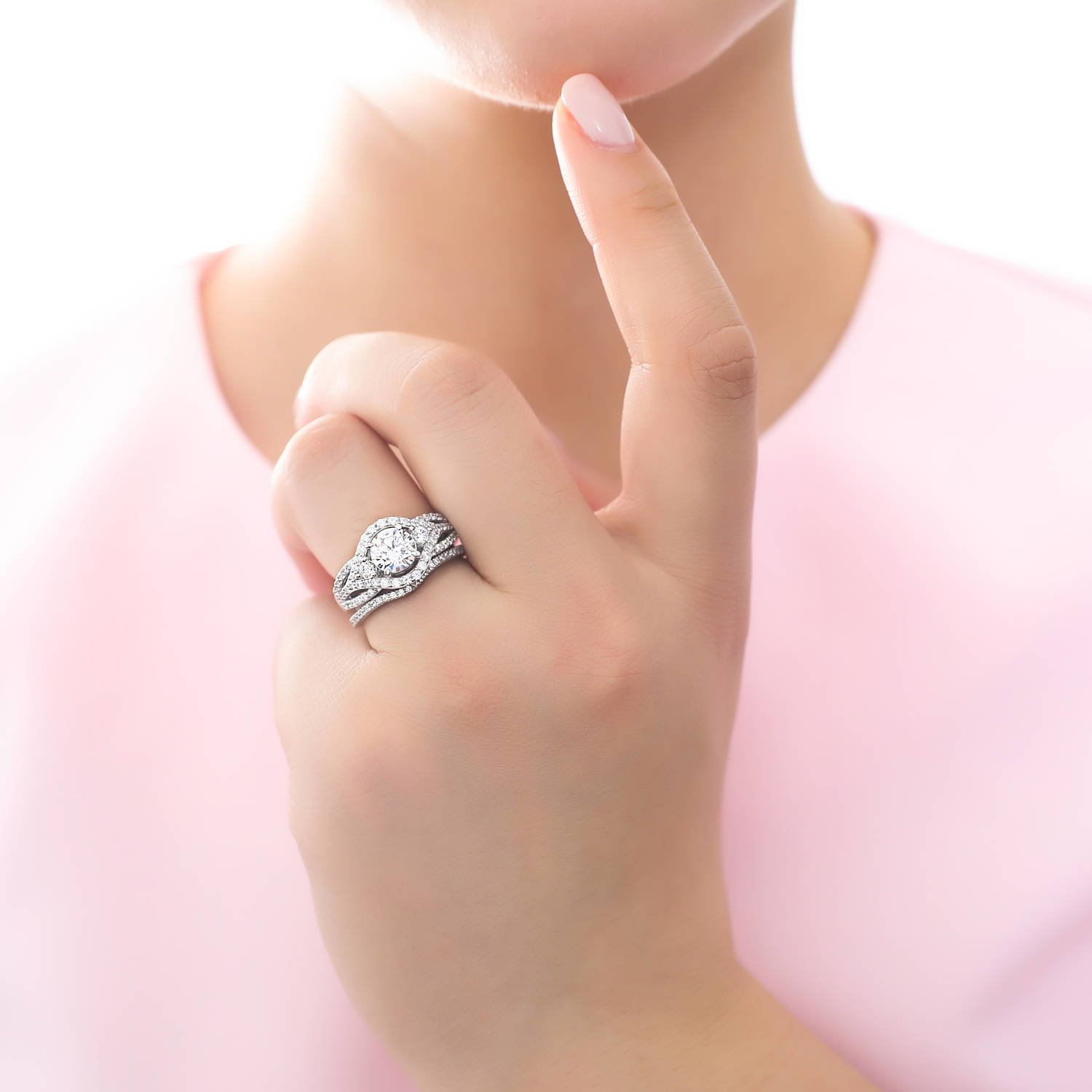 BERRICLE Sterling Silver 3-Stone Wedding Engagement Rings Round Cubic Zirconia CZ Ring Set for Women, Rhodium Plated Size 9