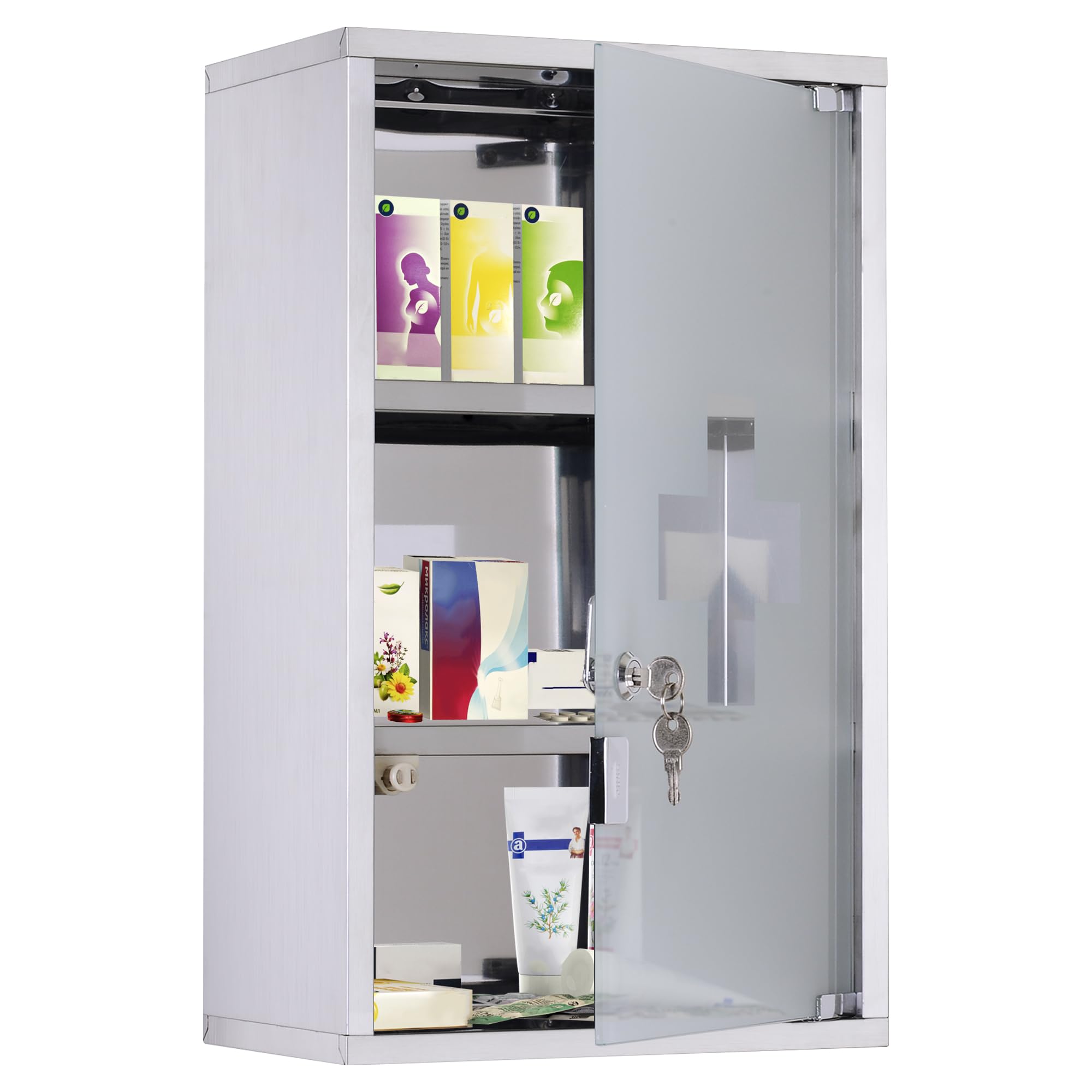 HOMCOM Wall Mounted Medicine Cabinet, Locking Wall Cabinet with 4 Tier Shelves, Stainless Steel Frame and Glass Door, Lockable with 2 Keys, Silver, 12" x 24"
