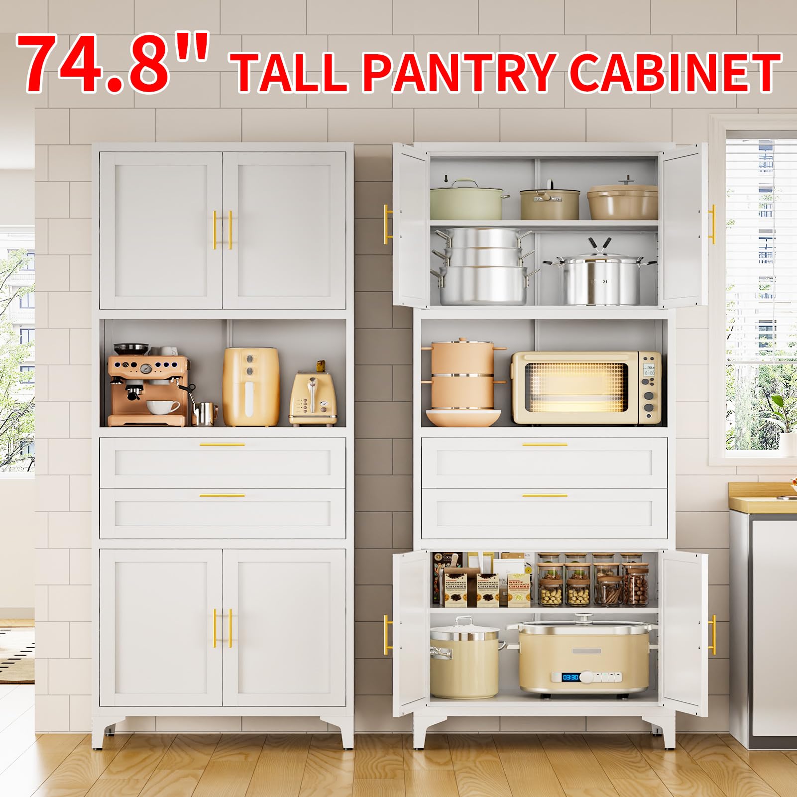 FogQueen 75" Tall Metal Storage Cabinet,Pantry Storage Cabinet with 2 Drawers and Open Space,Kitchen Cupboard with Adjustable Shelves,Multi-Functional Cabinet for Living Room,Bathroom,Garage (White)