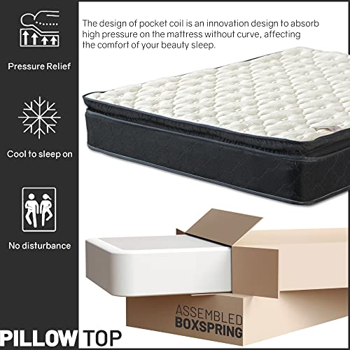 Spinal Solution 9-Inch Medium Firm Pillowtop Pocketed Coil Hybrid Mattress And 4" Low Profile Wood Box Spring Foundation Set, Queen