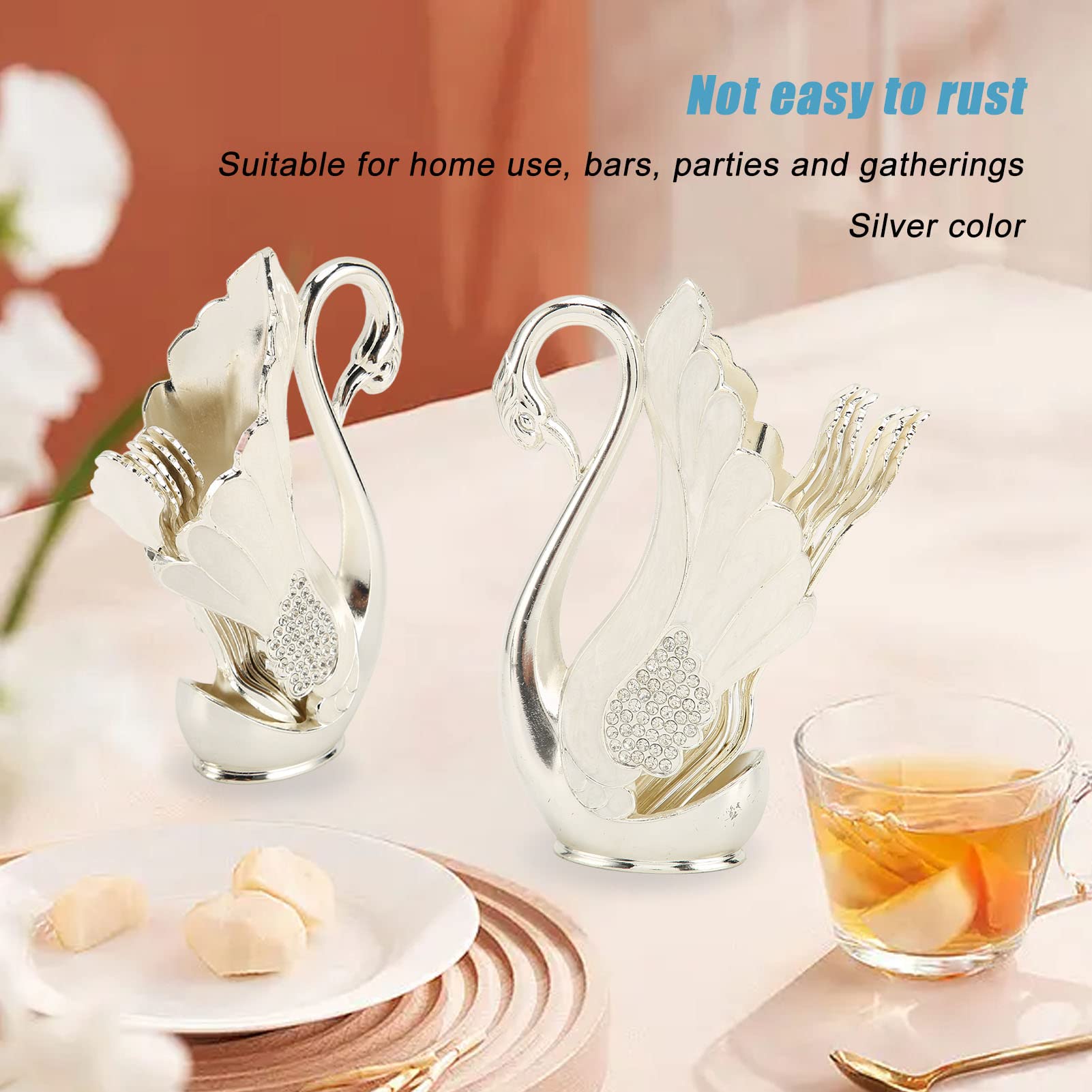 Coffee Spoon Holder Coffee Dessert Spoon Set Alloy Swan Base Holder Spoon Organizer with 6pcs, Modern Style Ice Cream Spoons Teaspoons Coffee Dessert Flatware(Spoon)
