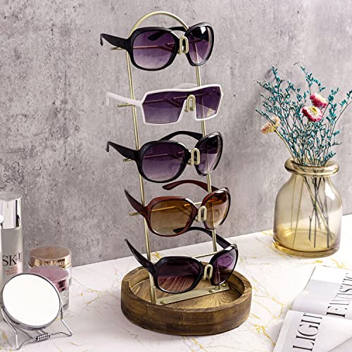 MyGift 5 Tier Modern Sunglasses Display Stand, Brass Metal Eyewear Organizer Rack with Burnt Wood Base Tray
