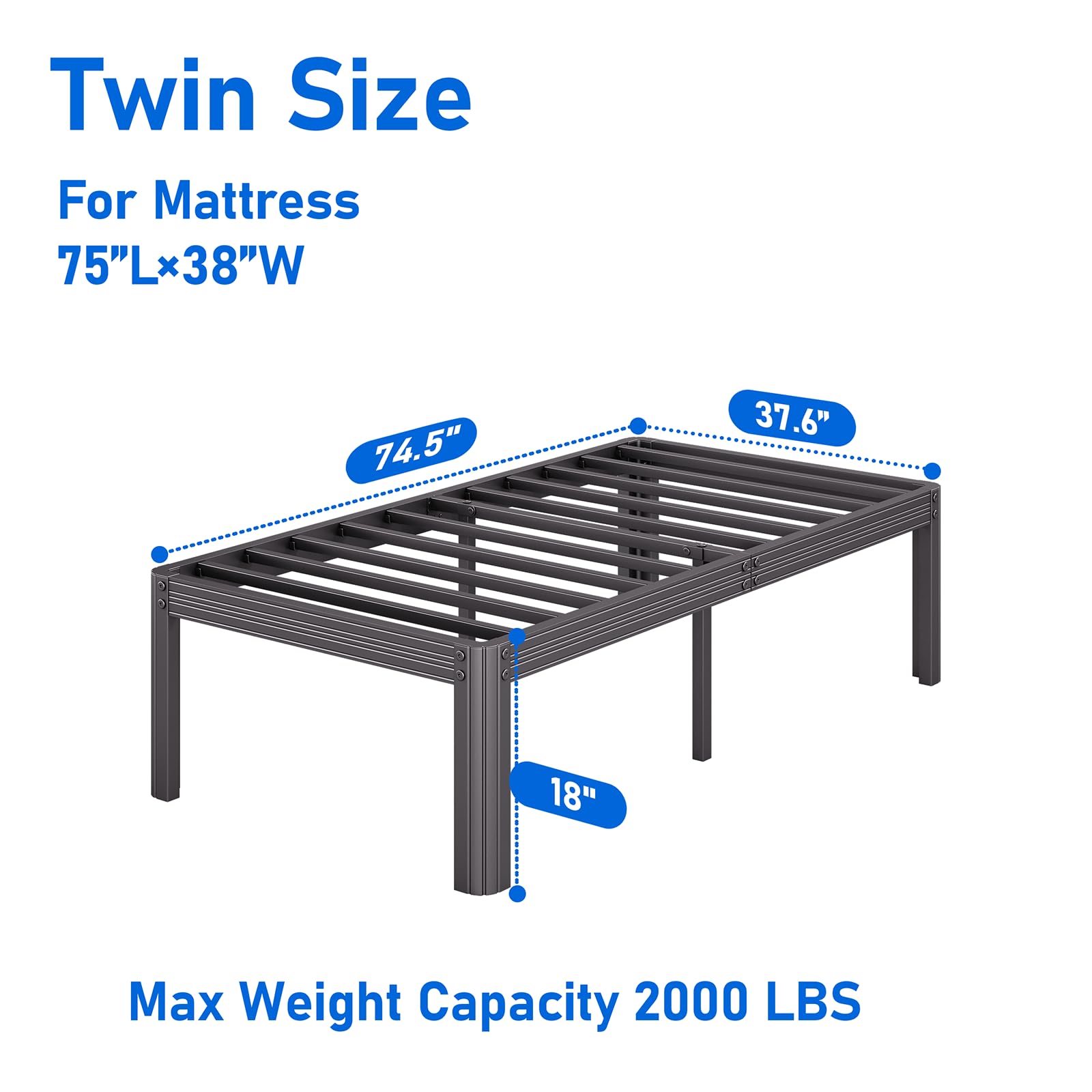 COMASACH 14 inch Twin Bed-Frames with Round Corner and Cylinder Shaped Leg,Support 3000 lbs Non Slip Metal Platform-Bed Frames No Box-Spring Needed, Noise Free Mattress Foundation, Black