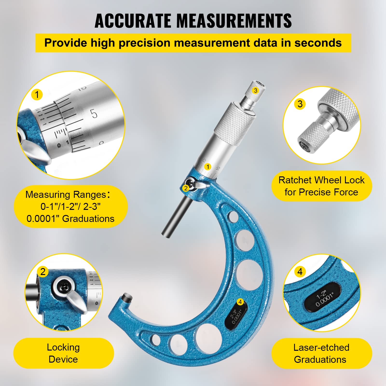 VEVOR Outside Micrometer Set, 0-3" Machinist Micrometer, 0.0001" Graduation Micrometer Set, 3 Pcs Machinist Tool Set, Alloy Precision Micrometer, Laser-Etched Micrometer Standard Set with Fitted Case