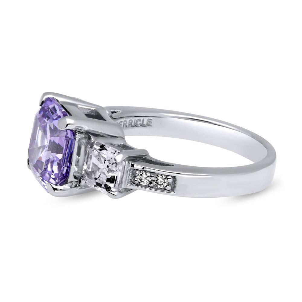 BERRICLE Sterling Silver 3-Stone Wedding Engagement Rings Purple Asscher Cut Cubic Zirconia CZ Statement Cocktail Anniversary Ring for Women, Rhodium Plated Size 8