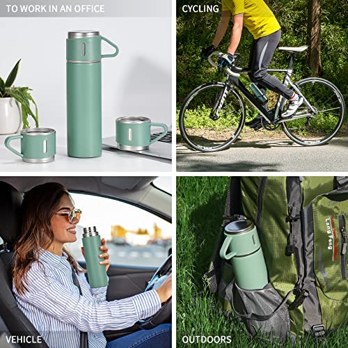 MUCR 500ml/17 OZ Stainless Steel Coffee Thermo Vacuum Flask Set, Insulated Water Bottle with Three Cup for Hot and Cold Drinks, Green