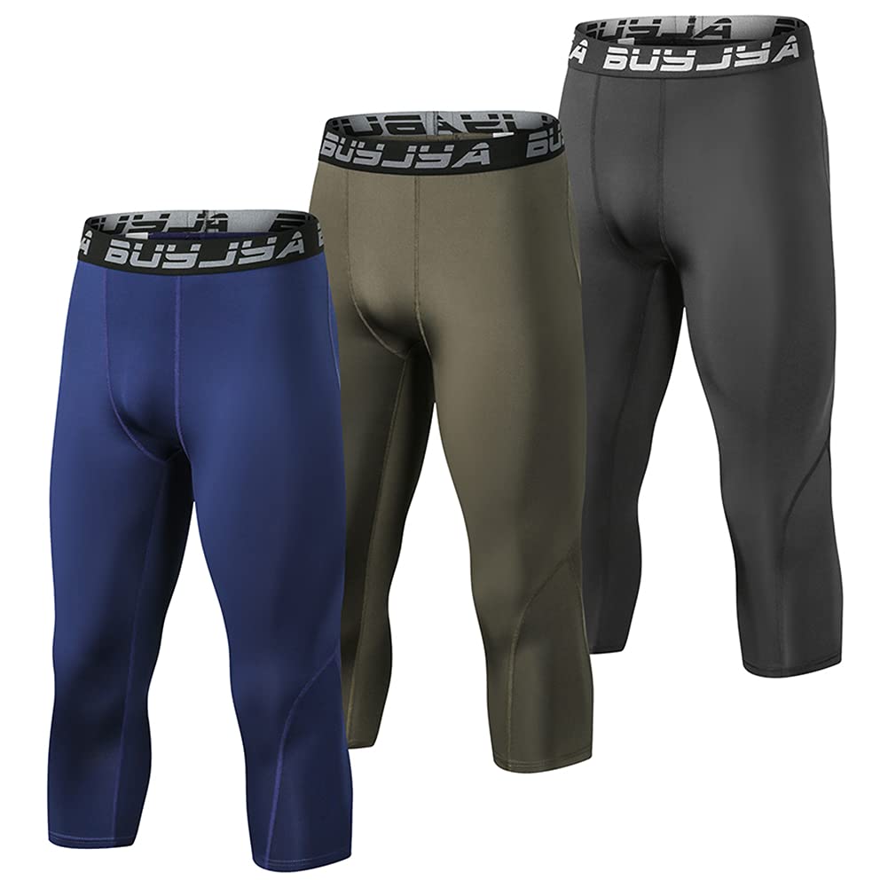 BUYJYA 3 Pack Men's 3/4 Compression Pants Running Tights Workout Leggings Athletic Cool Dry Yoga Gym Clothes (M, Blue-army Green-black, m)