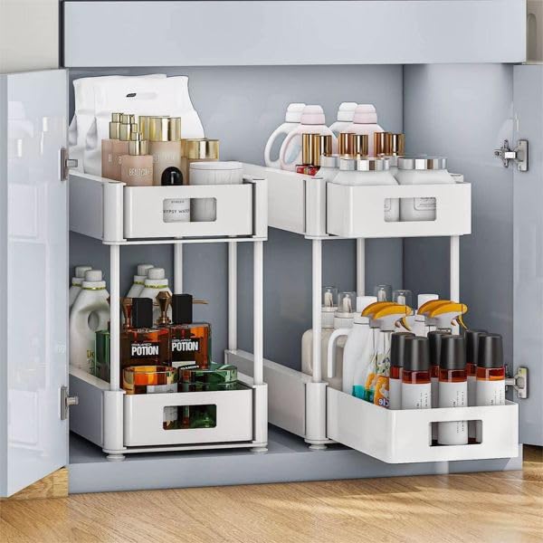 DAMGOLOZA 2 Pack Pull Out Under Sink Organizer, 2 Tier Multi Purpose For Bathroom Kitchen Sink Storage Organizer - White