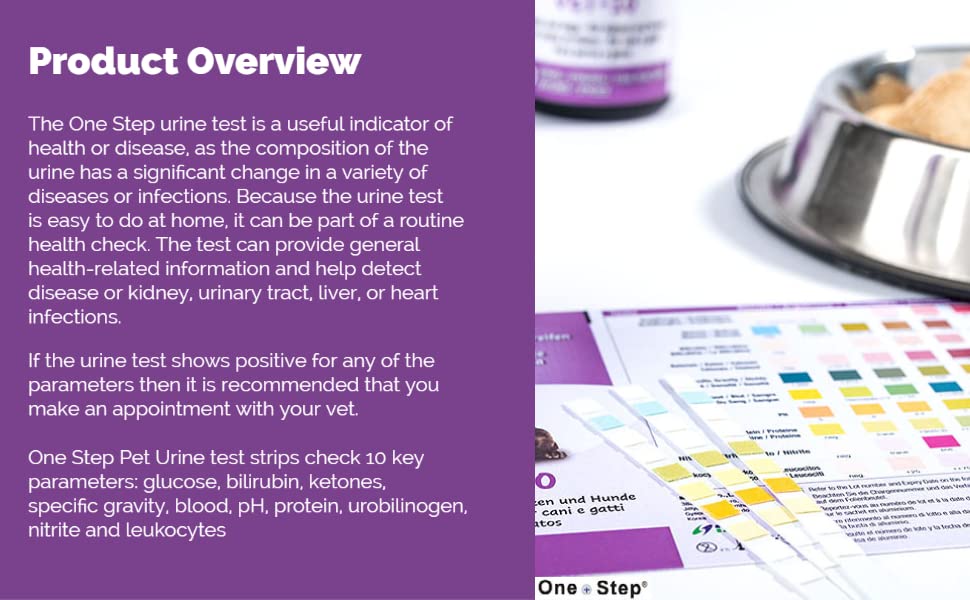 One Step Pet Urine Test Strips, 15 x Urinalysis 10 Parameter Tests in a Re-sealable Foil Pouch, Tests for Dogs Cats & Animals, Accurate Testing for UTI Diabetes Bladder Kidney Liver SG pH Glucose