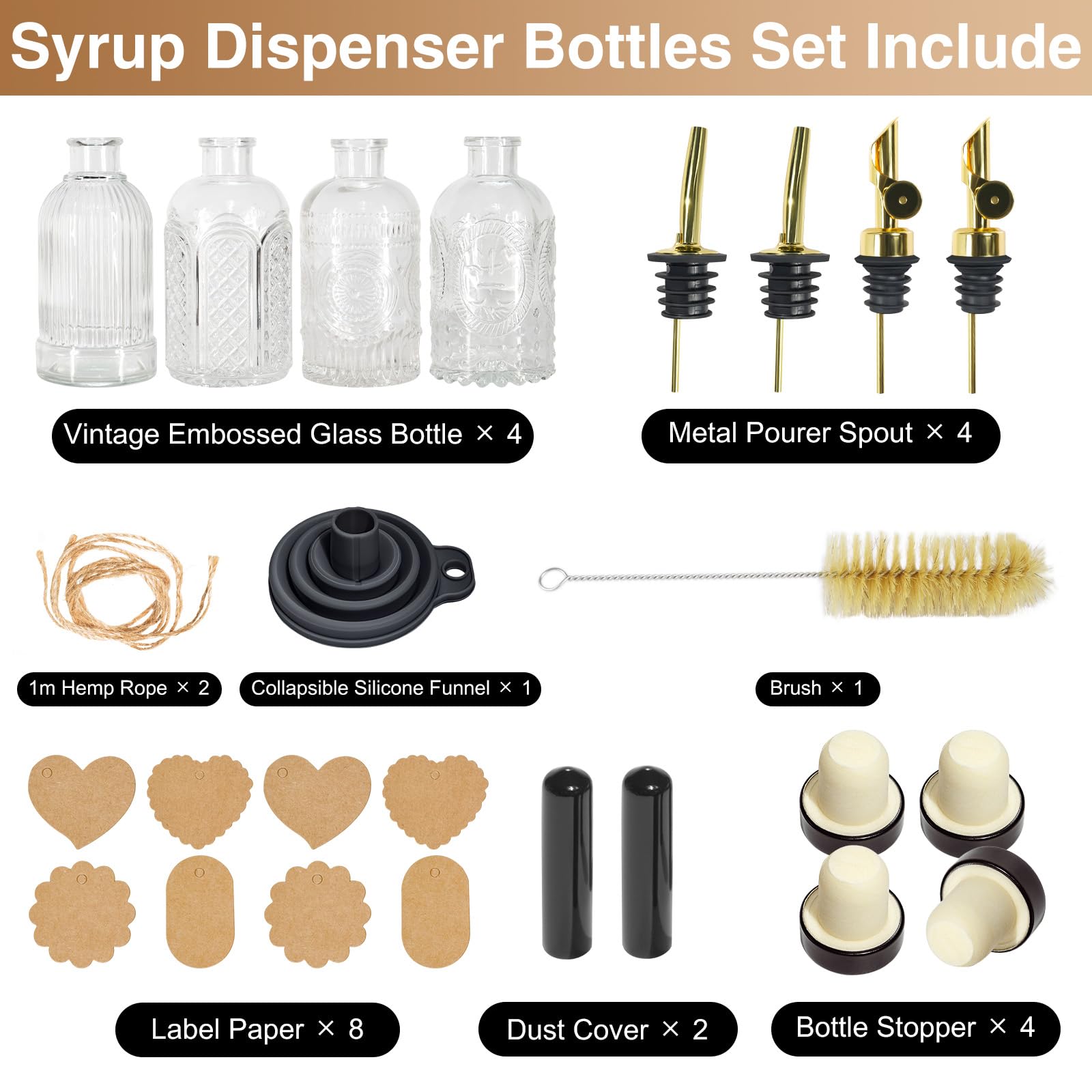 Coffee Syrup Dispenser Bottles Set 4 Pcs, 7oz/200ml Coffee Bar Accessories with Metal Pour Spout, Simple Syrup Bottles for Coffee Syrups, Honey, Condiments, Olive Oil, with Label, Funnel, Cork, Brush