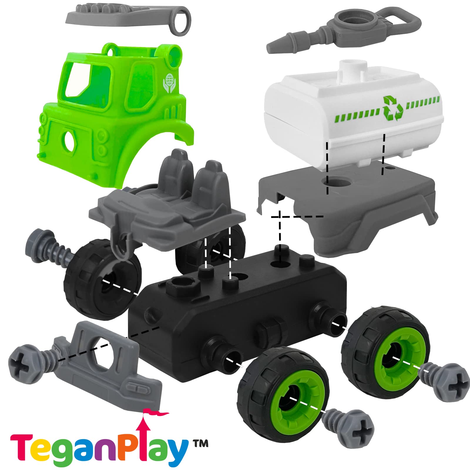 TeganPlay Take Apart Toys for 3 Year Old Boys | 4 Trucks Garbage - Sanitation Series with Screwdriver | Toddler Stem Kids Building Toy
