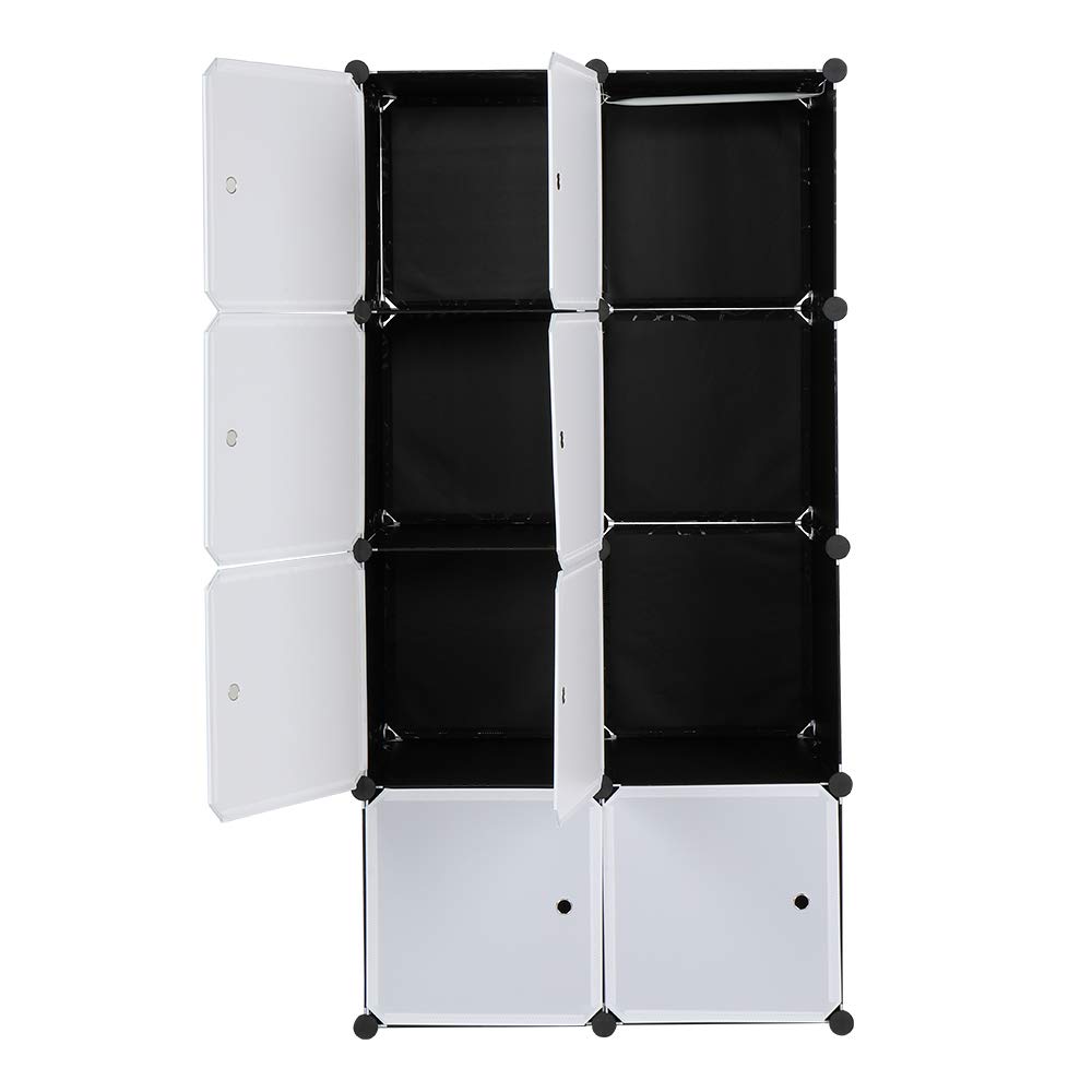 Trlec 20 Cube Organizer Stackable Plastic Cube Storage Shelves Design Multifunctional Modular Closet Cabinet with Hanging Rod White Doors and Black Panels