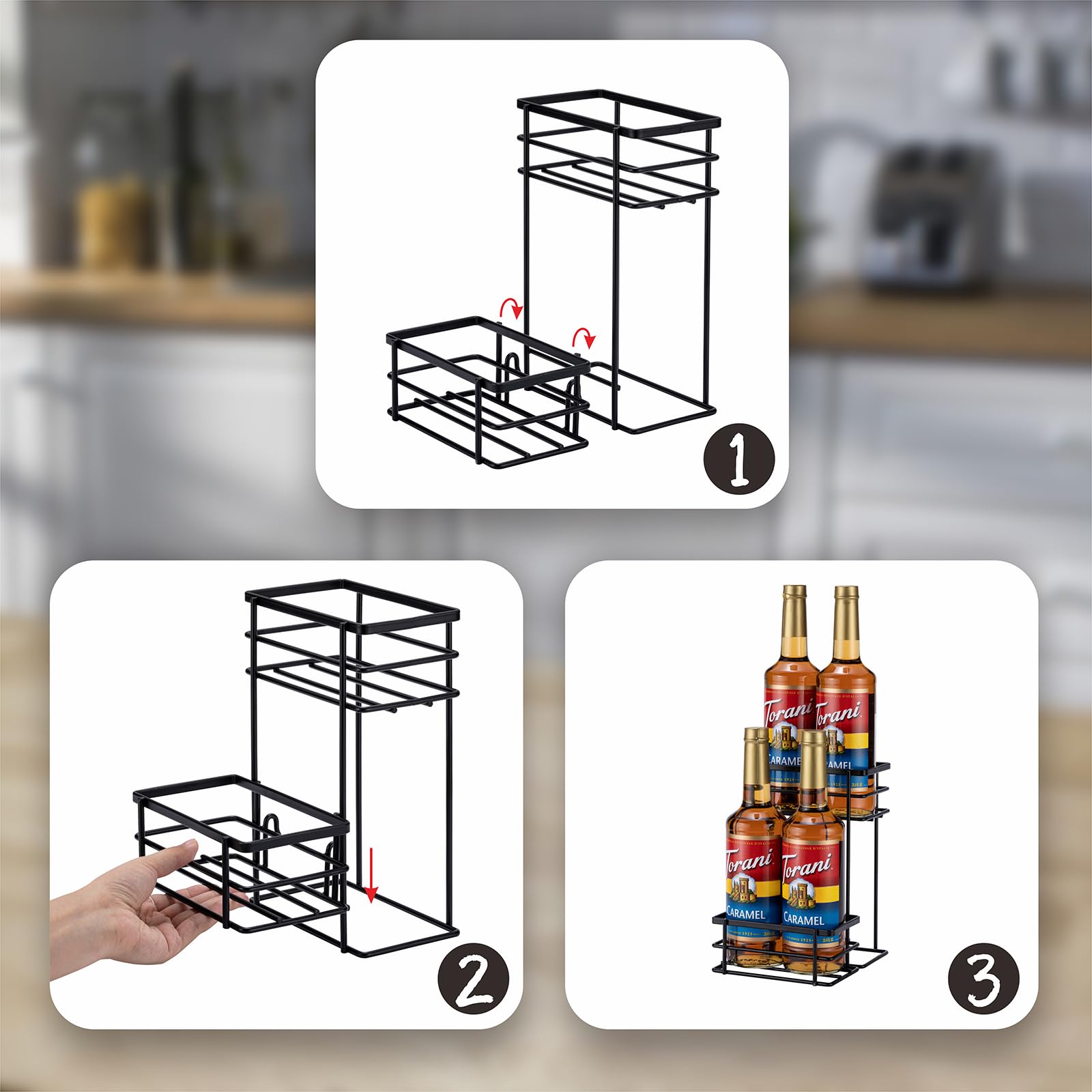 Coffee Syrup Organizer Rack, (4 Bottle Capacity),2 Tier Coffee Syrup holder for Coffee Bar Accessories,Kitchen,Storage for Syrup, Wine, Dressing(Black)