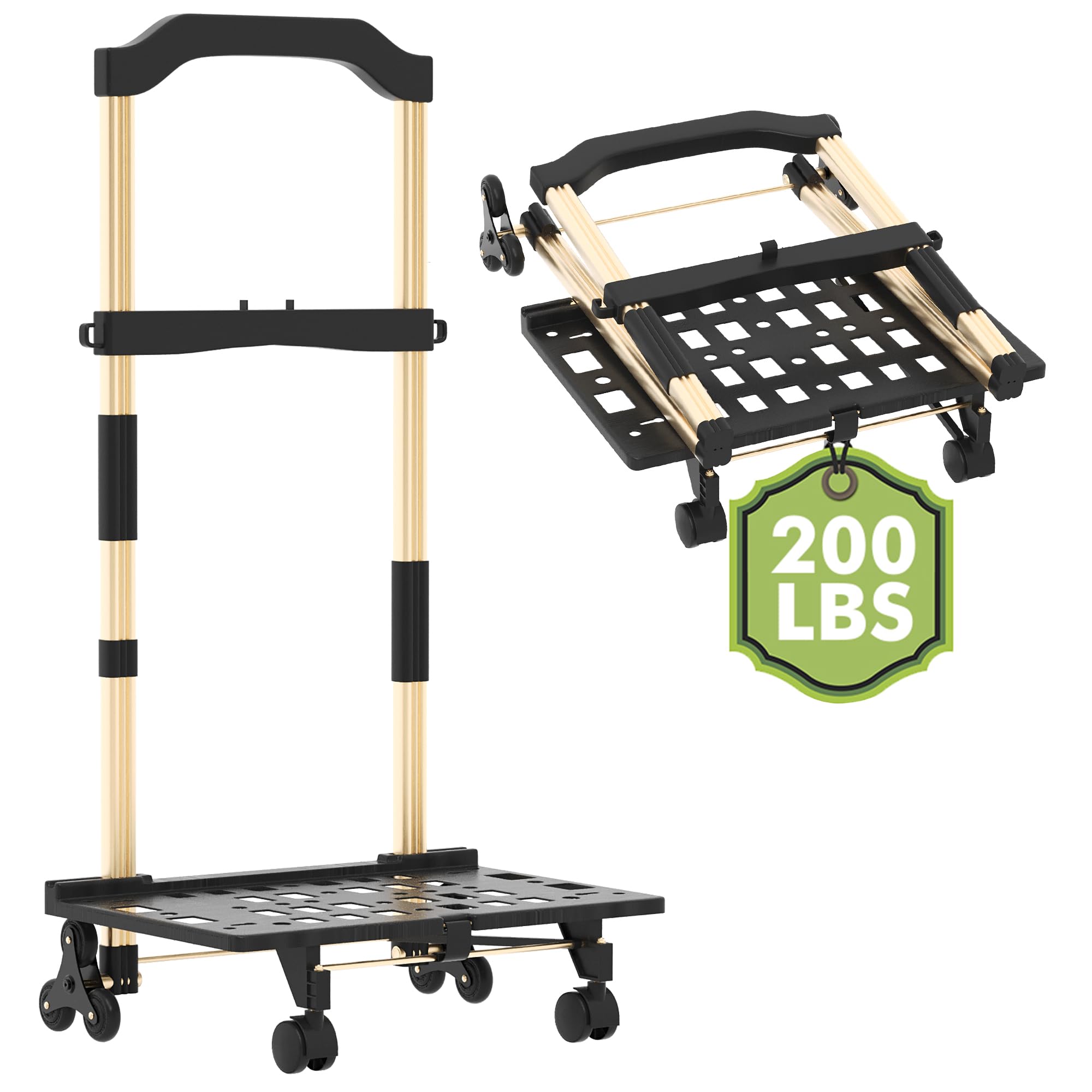 Folding Hand Truck, 200 lbs Durable Luggage cart with All-Terrain Triple Wheels, Multifunctional and Compact Dolly cart with Wheels for Shopping, Moving and Traveling, Gold