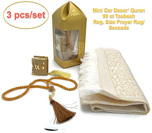Muslim Gifts Hajj Hac Haji Gift Set Prayer Rug Janamaz Seccade Pearl Tasbeeh Prayer Beads and Pocket or Car Decor Mini Quran 3pcs/Set (Gold)