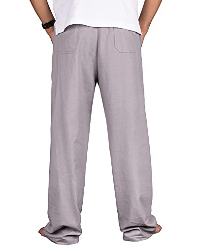 Men's Drawstring Loose Linen Beach Pants Lightweight Elastic Waist Yoga Lounge Cotton Trousers Pajamas (Grey, Large)