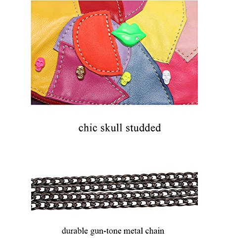 Sibalasi-Women Colorblock Lambskin Leather Multicolor Crossbody Bag Black Handbag Halloween Skull Studded Purse(AMulticolor)