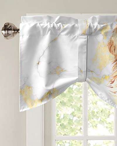 Tie Up Curtain Valance Window Topper 1 Panel 42x18in,Farm Cute Dog Gold White Marble Adjustable Rod Pocket Short Window Shade Valances for Kitchen Bedroom Windows,Modern Abstract Wild Symbol Stone