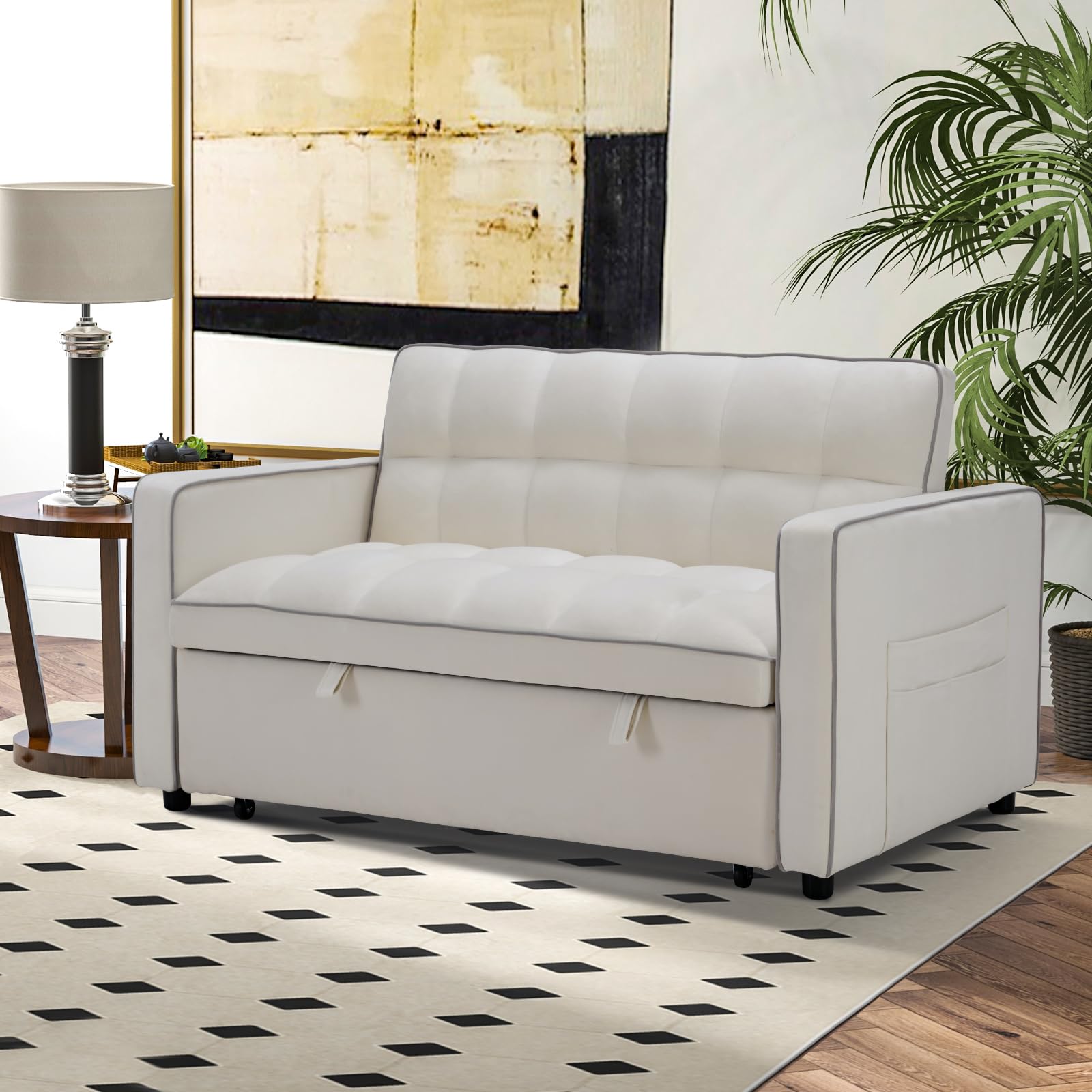 EBELLO 3 in 1 Convertible Sleeper Sofa Bed, Modern Velvet Loveseat Futon Couch Pullout Bed with Side Storage Pockets, Small Love Seat Lounge Sofa Futon for Small Space, Living Room, Beige