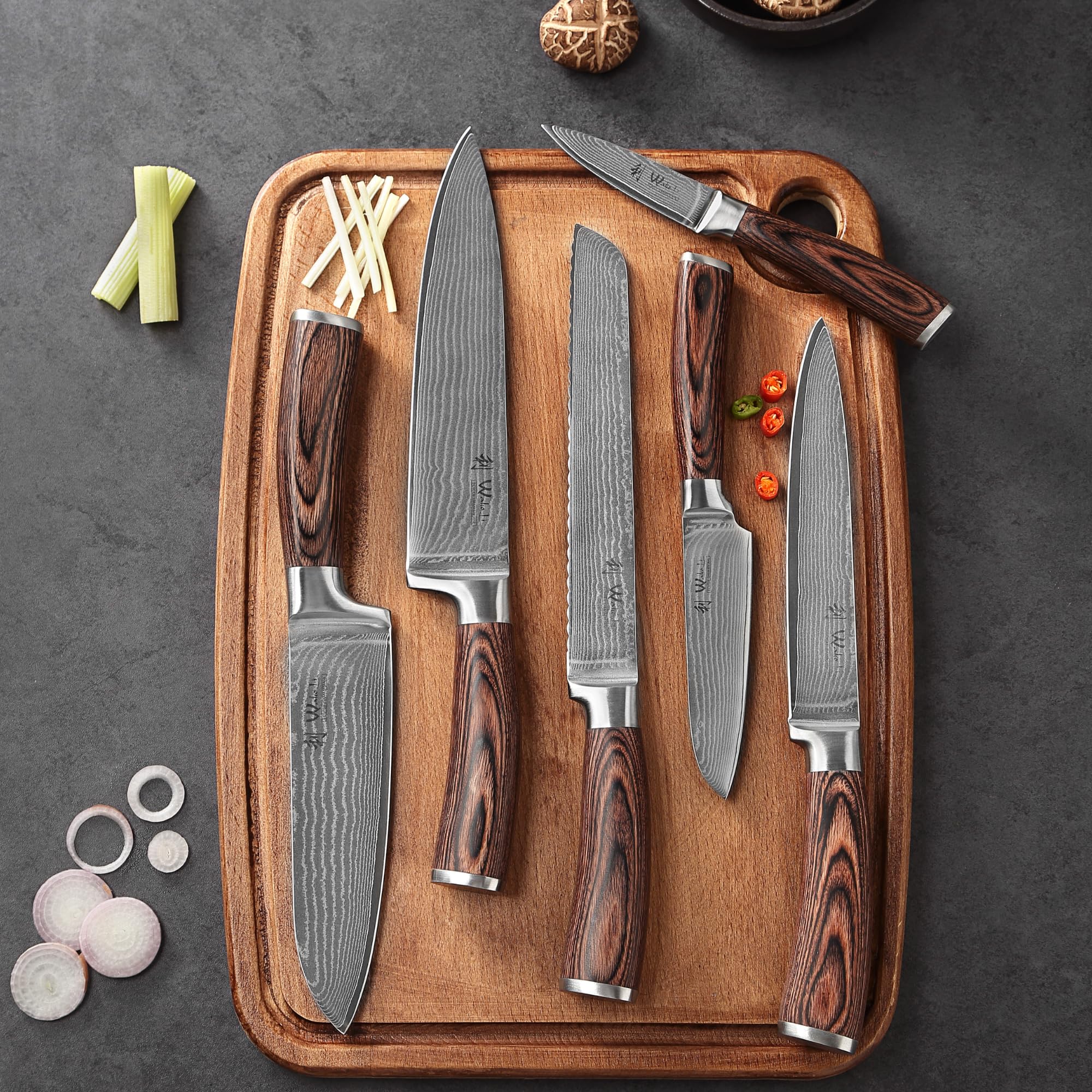 Wakoli Damascus Kitchen Knife Set, 6 Pieces Professional Chef Knife Set made from 67 Layers of Damascus Steel with VG10 Core, Knives Set for Kitchen with Pakkawood Handles in Gift Box (EDIB 6-pcs)