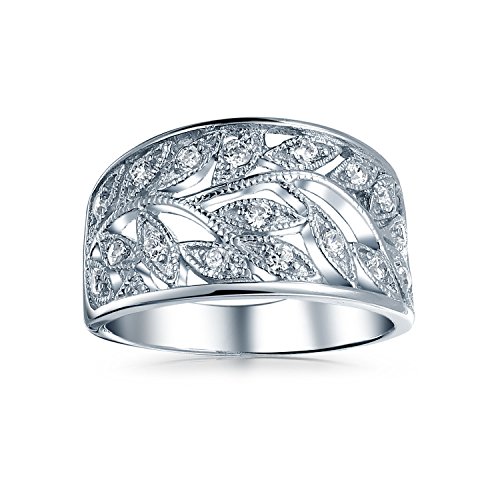 Bling Jewelry Boho Pave Cubic Zirconia Open Filigree Wide Leaves Leaf Band Ring For Women .925 Sterling Silver