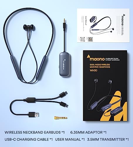 MAONO Wireless Neckband Headphones, WH30 Semi-in-Ear Monitor Earbuds with 3.5MM Transmitter, Dual Mode 2.4G/BT 5.3 Stable Wireless Transmission Light Weight 12Hrs Playtime