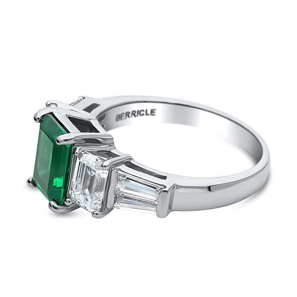 BERRICLE Sterling Silver 3-Stone Wedding Engagement Rings Simulated Emerald Cubic Zirconia CZ Cocktail Anniversary Ring for Women, Rhodium Plated Size 5